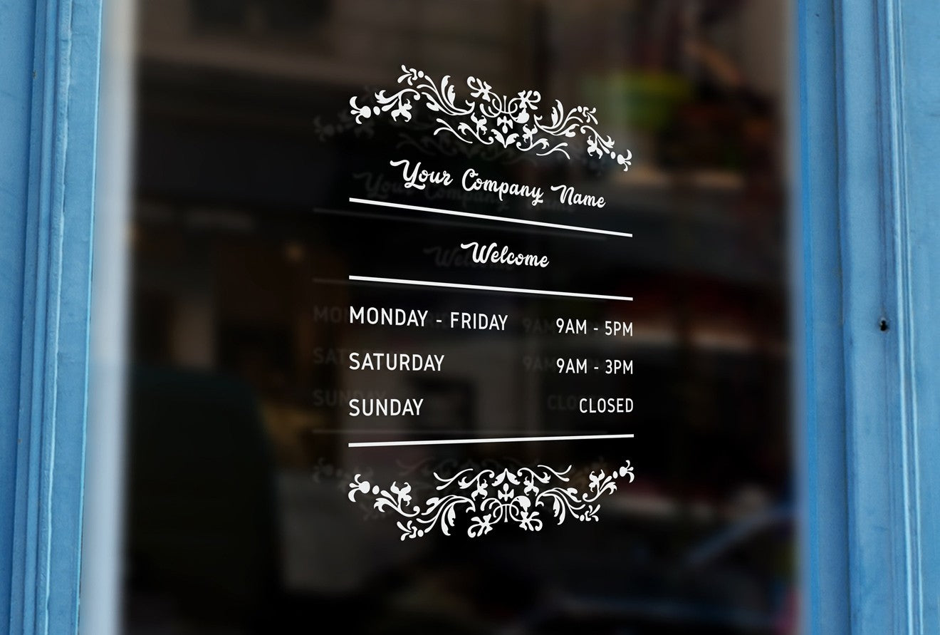 J2 - Bespoke vintage border, company name & opening hours, vinyl cut ...